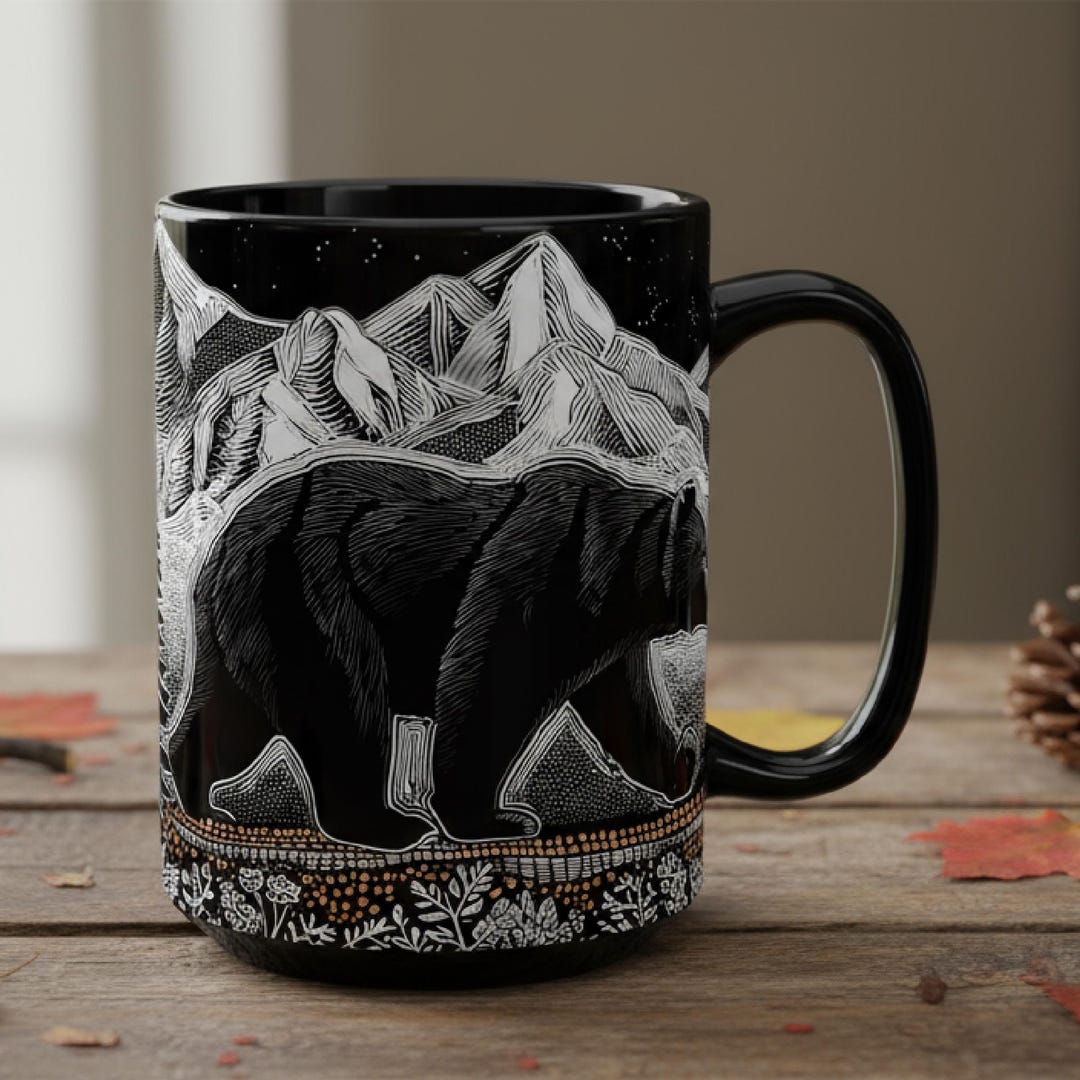 Woodland Themed Lino Print Bear Mug, Nature Lover Gift, Whimsical ...