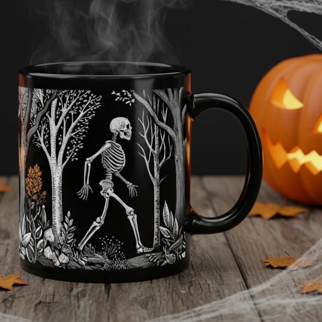 Linocut Skeleton Mug – Halloween Coffee Cup in Lino Print Style With ...