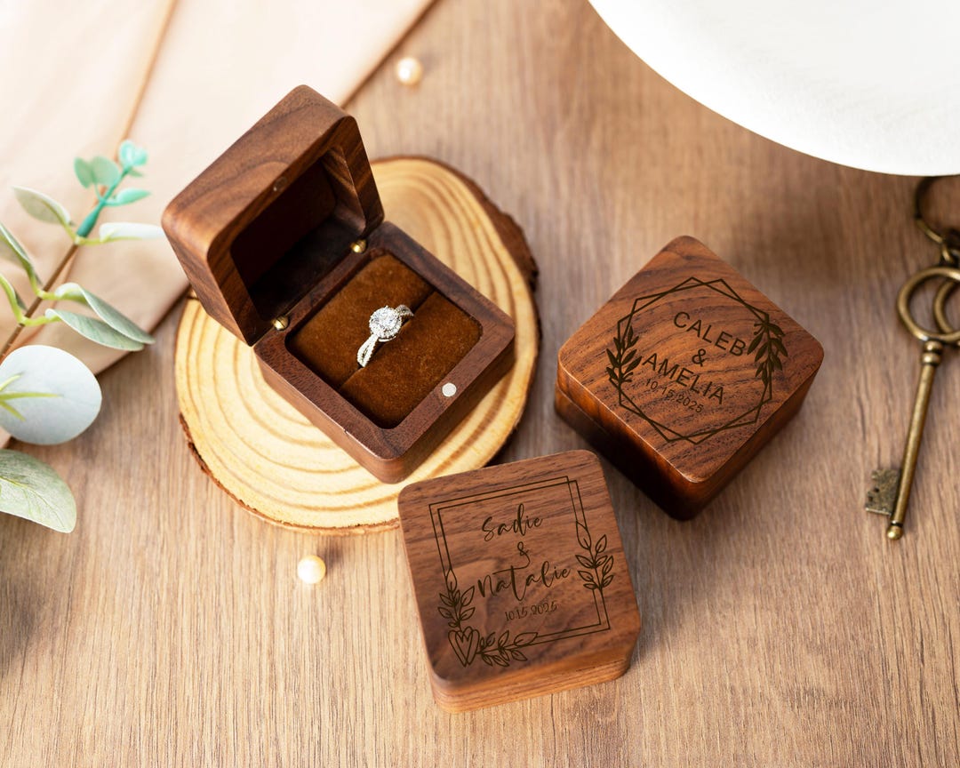 Personalized Wooden Wedding Ring Box, Custom Engraved Engagement ...