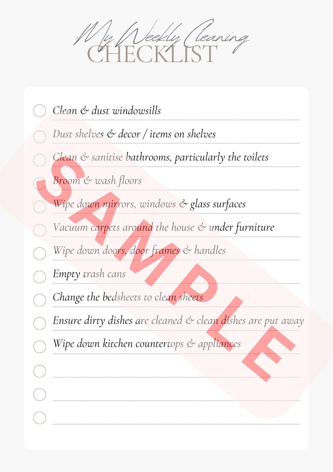Printable | Customisable | Weekly Minimalistic Beige & White Cleaning ...