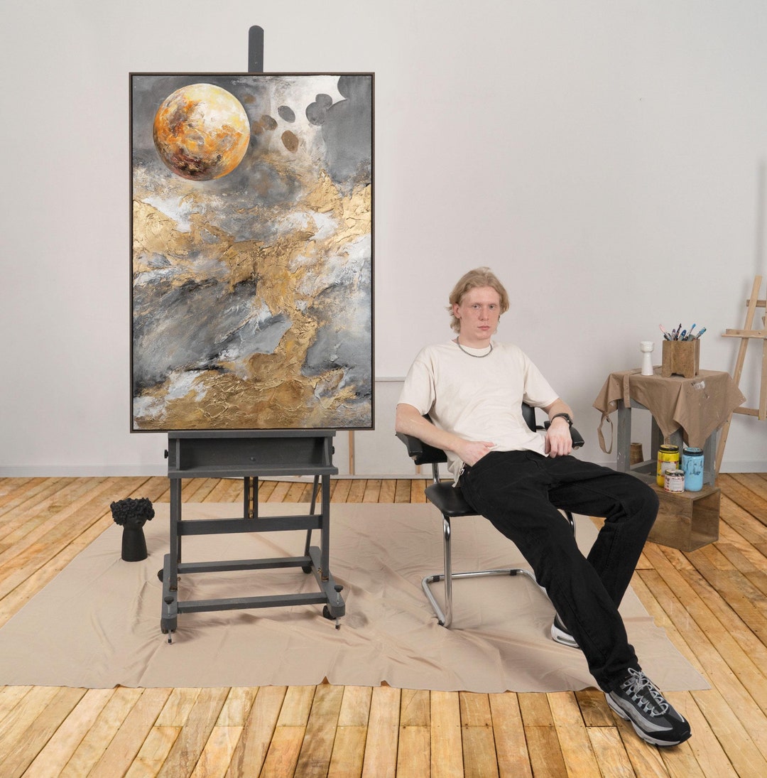 Large Abstract Moon Painting With Gold Accents, Framed Acrylic Painting ...