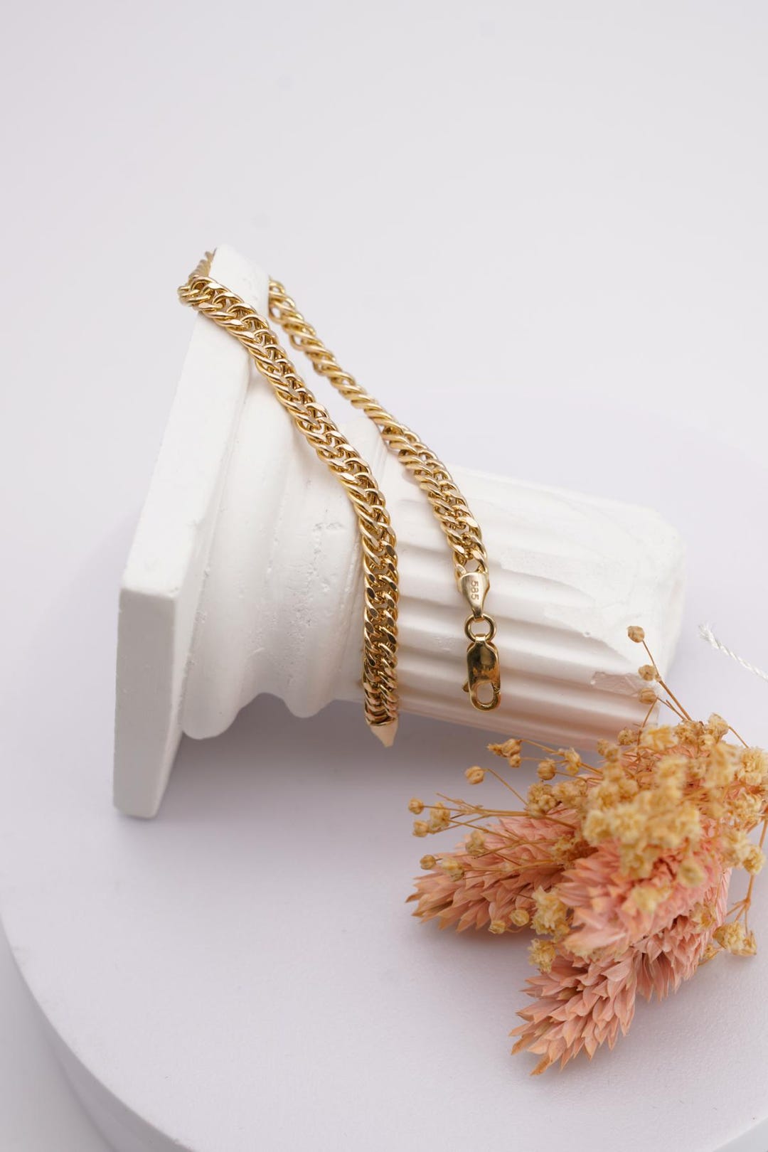 14K Solid Gold Double Strand Cuban Link Bracelet, Handmade Polished ...