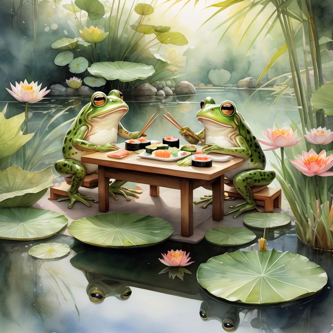 Frogs Enjoying Sushi, 12 High-res Watercolor Jpgs, Commercial License ...