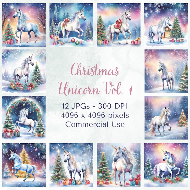 Christmas Unicorn Vol. 1, 12 High-res Watercolor Jpgs, Christmas ...