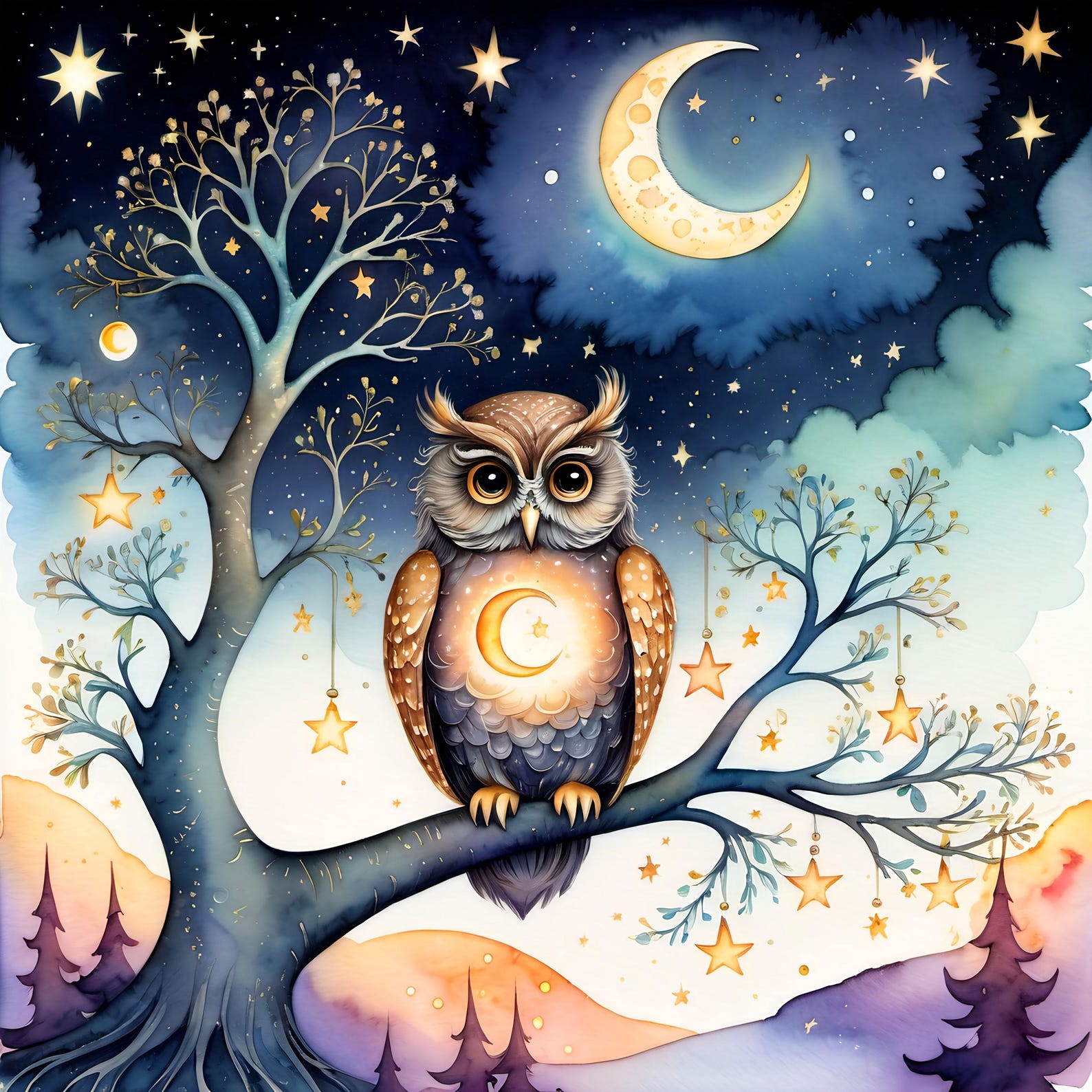 Fantasy Night Owl, 12 High-res Watercolor Jpgs,commercial License ...