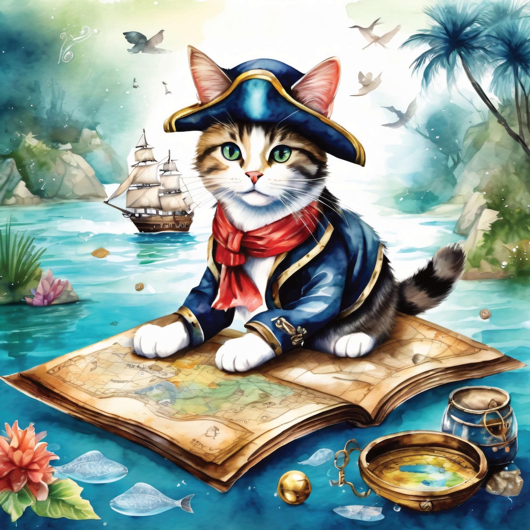 Pirate Cat, 12 High-res Watercolor Jpgs, Cats Commercial License ...