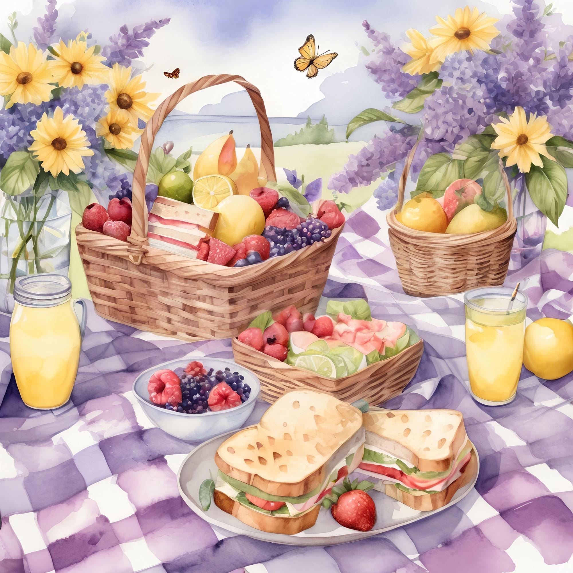 Summer Picnic Vol. 1, 12 High-res Watercolor Jpgs, Commercial License ...
