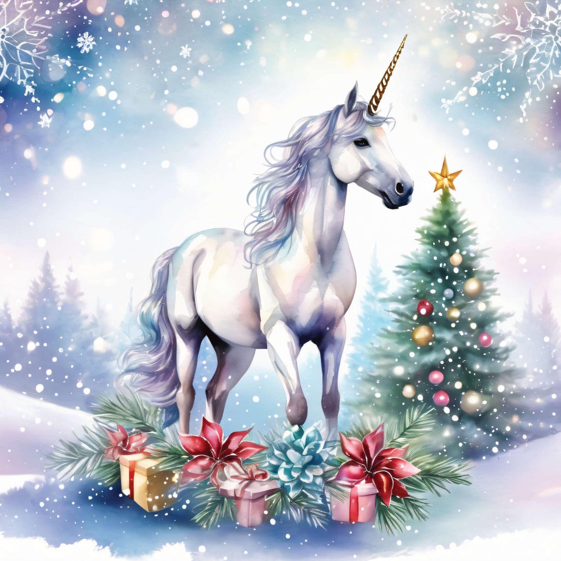 Christmas Unicorn Vol. 1, 12 High-res Watercolor Jpgs, Christmas ...