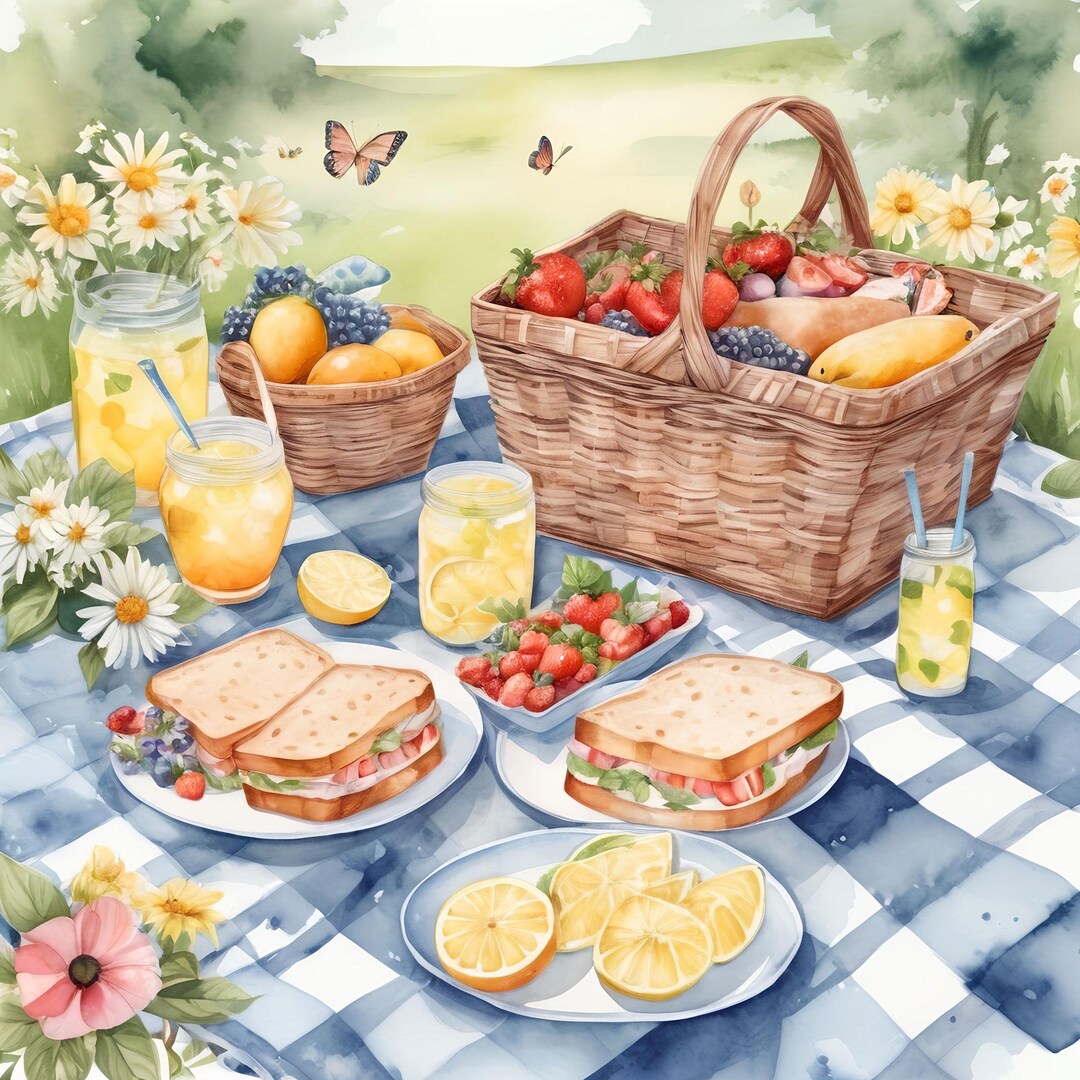 Summer Picnic Vol. 1, 12 High-res Watercolor Jpgs, Commercial License ...