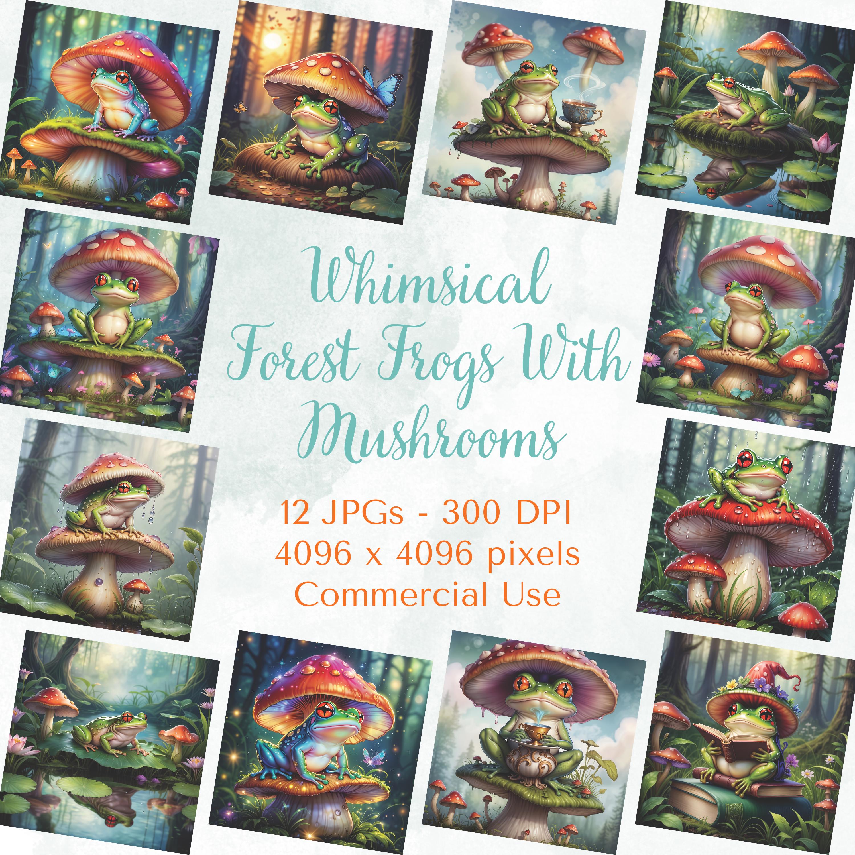 Whimsical Frog With Mushroom, 12 High-res Watercolor Jpgs, Frogs ...