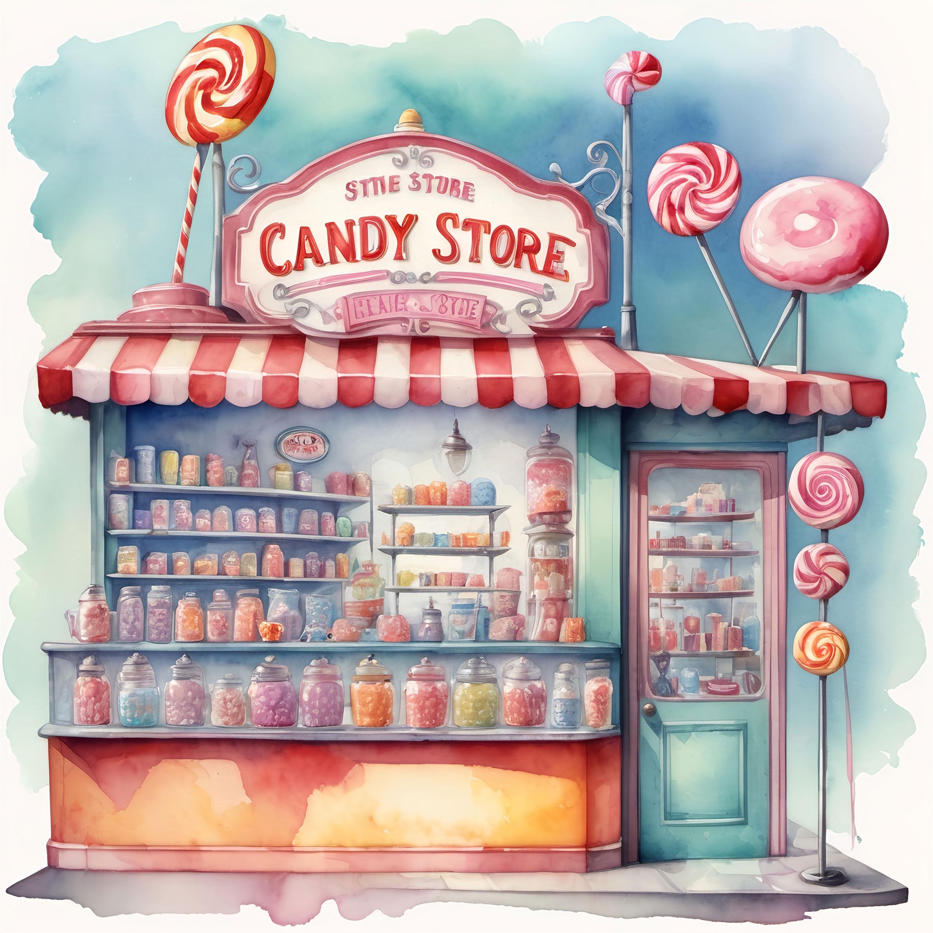 Retro Candy Store, 12 High-res Watercolor Jpgs, Commercial License ...