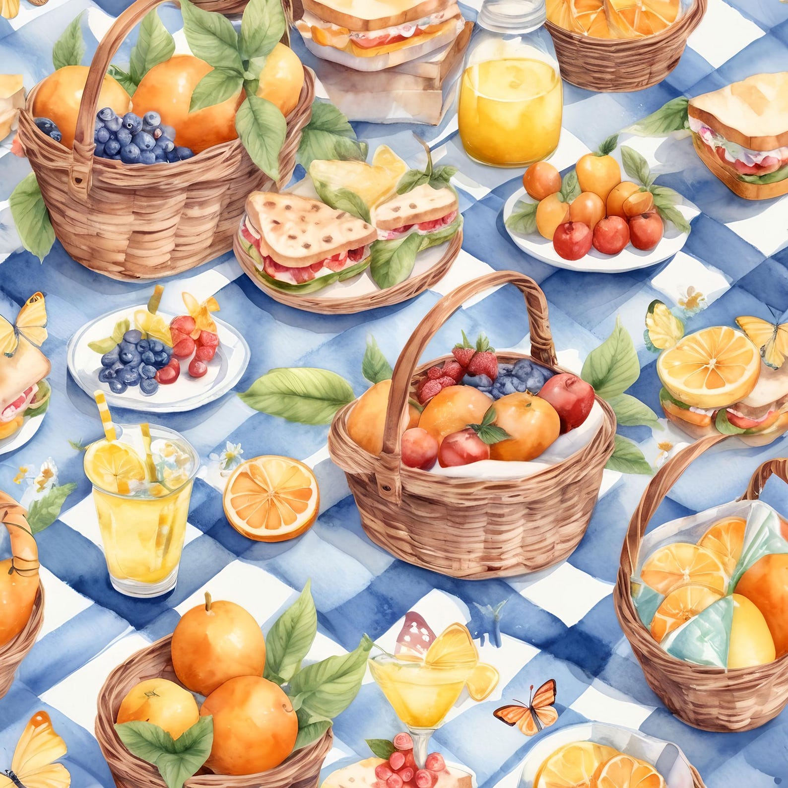 Summer Picnic Vol. 1, 12 High-res Watercolor Jpgs, Commercial License ...