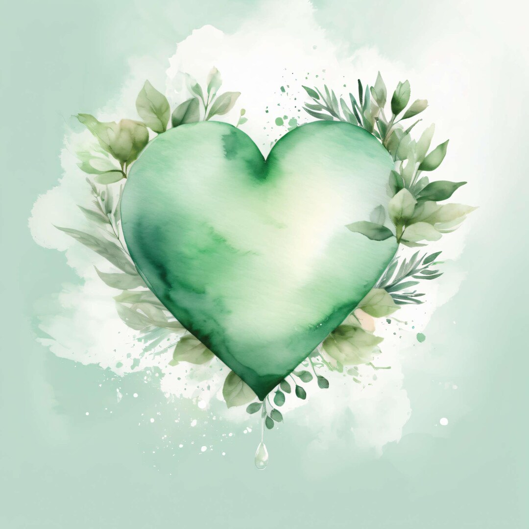 Pastel Green Heart, 12 High-res Watercolor Jpgs, Commercial License ...