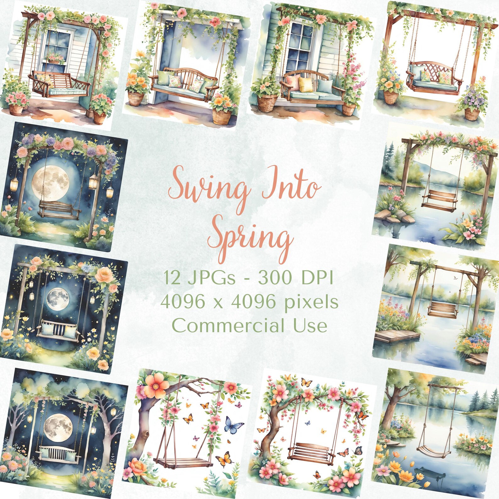 Swing Into Spring, 12 High-res Watercolor Jpgs, Commercial License ...
