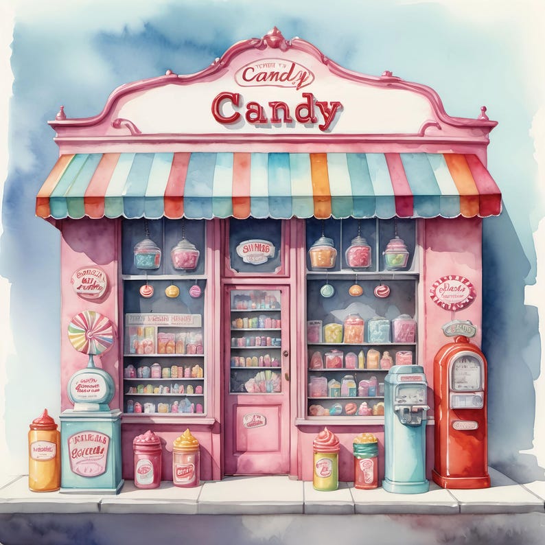 Retro Candy Store, 12 High-res Watercolor Jpgs, Commercial License ...