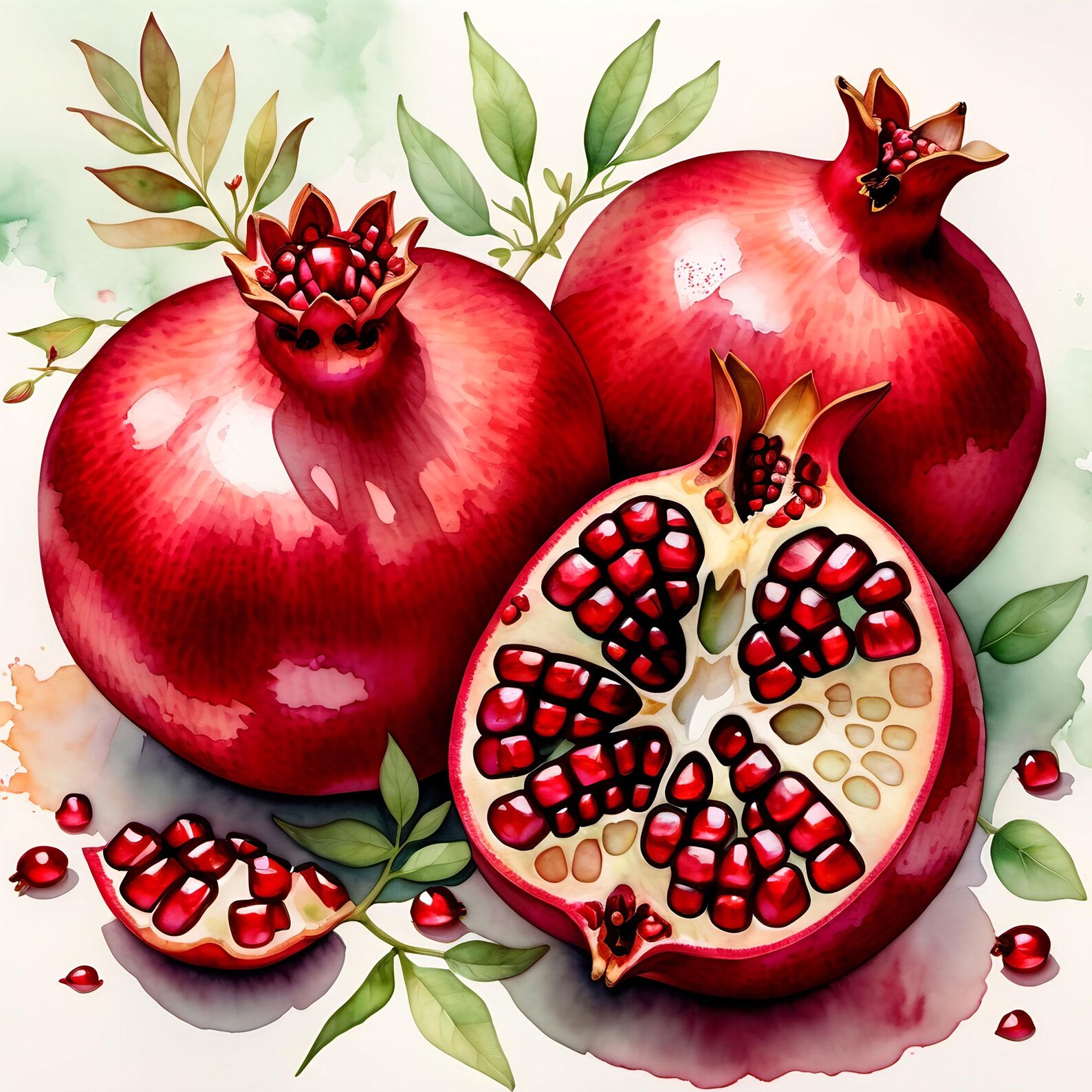 Red and Sweet Pomegranates, 12 High-res Watercolor Jpgs, Commercial ...