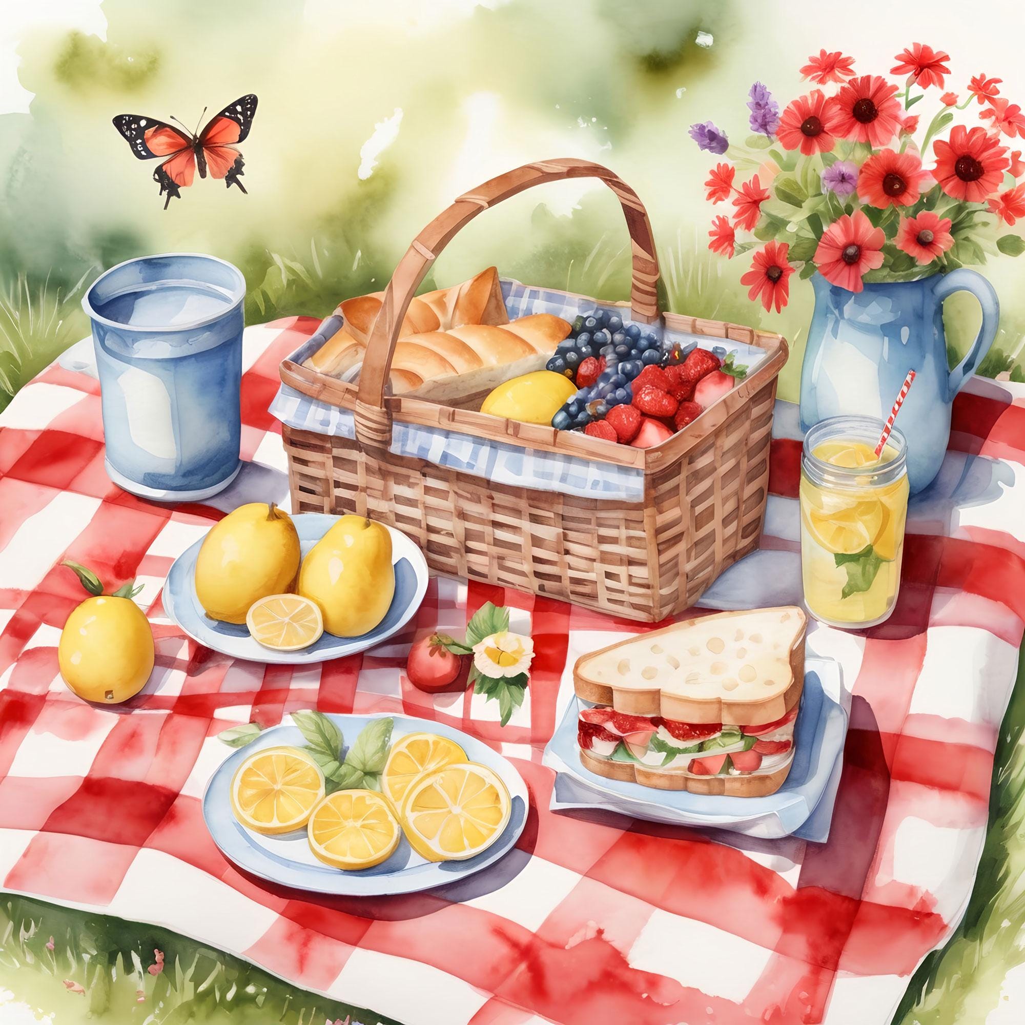Summer Picnic Vol. 1, 12 High-res Watercolor Jpgs, Commercial License ...