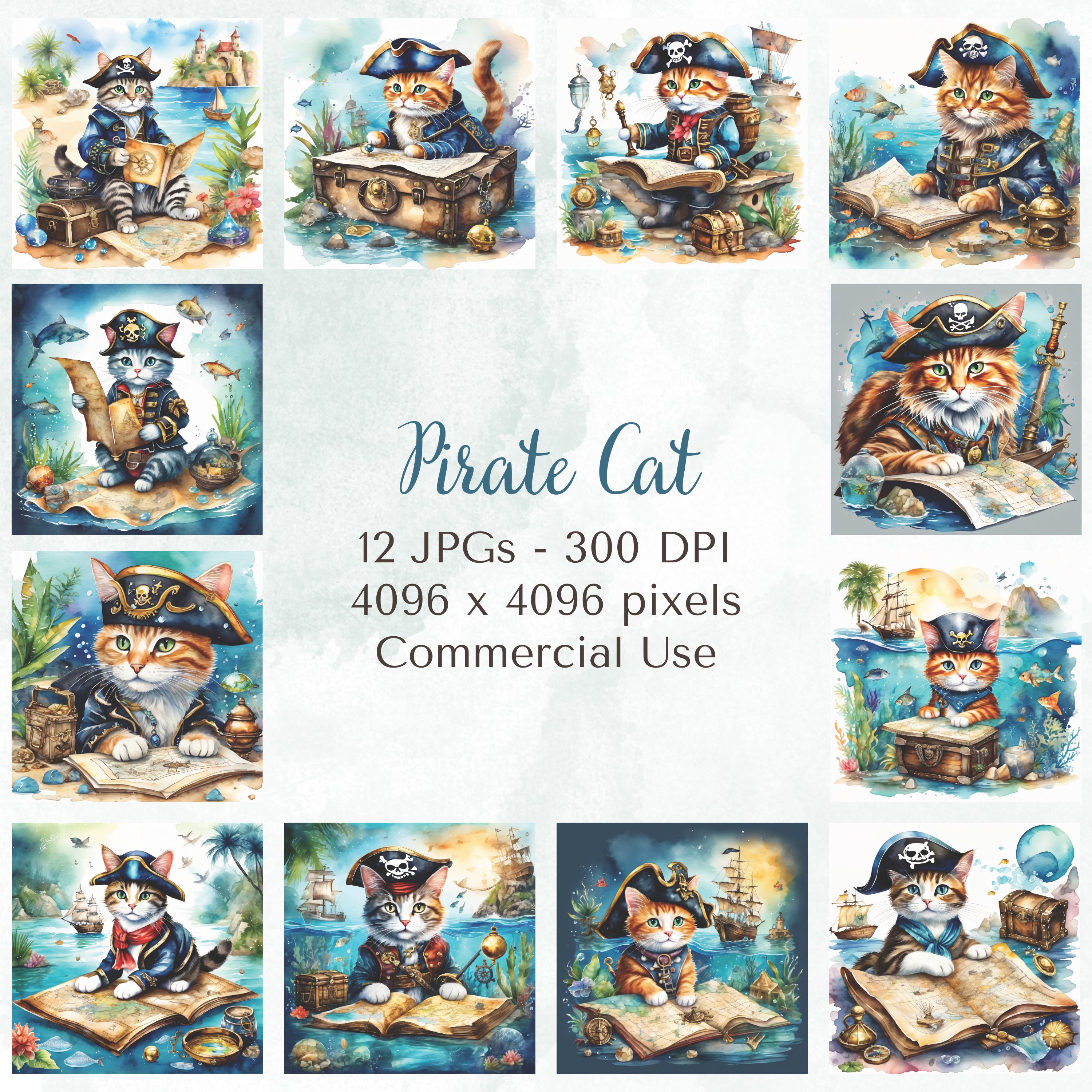 Pirate Cat, 12 High-res Watercolor Jpgs, Cats Commercial License ...