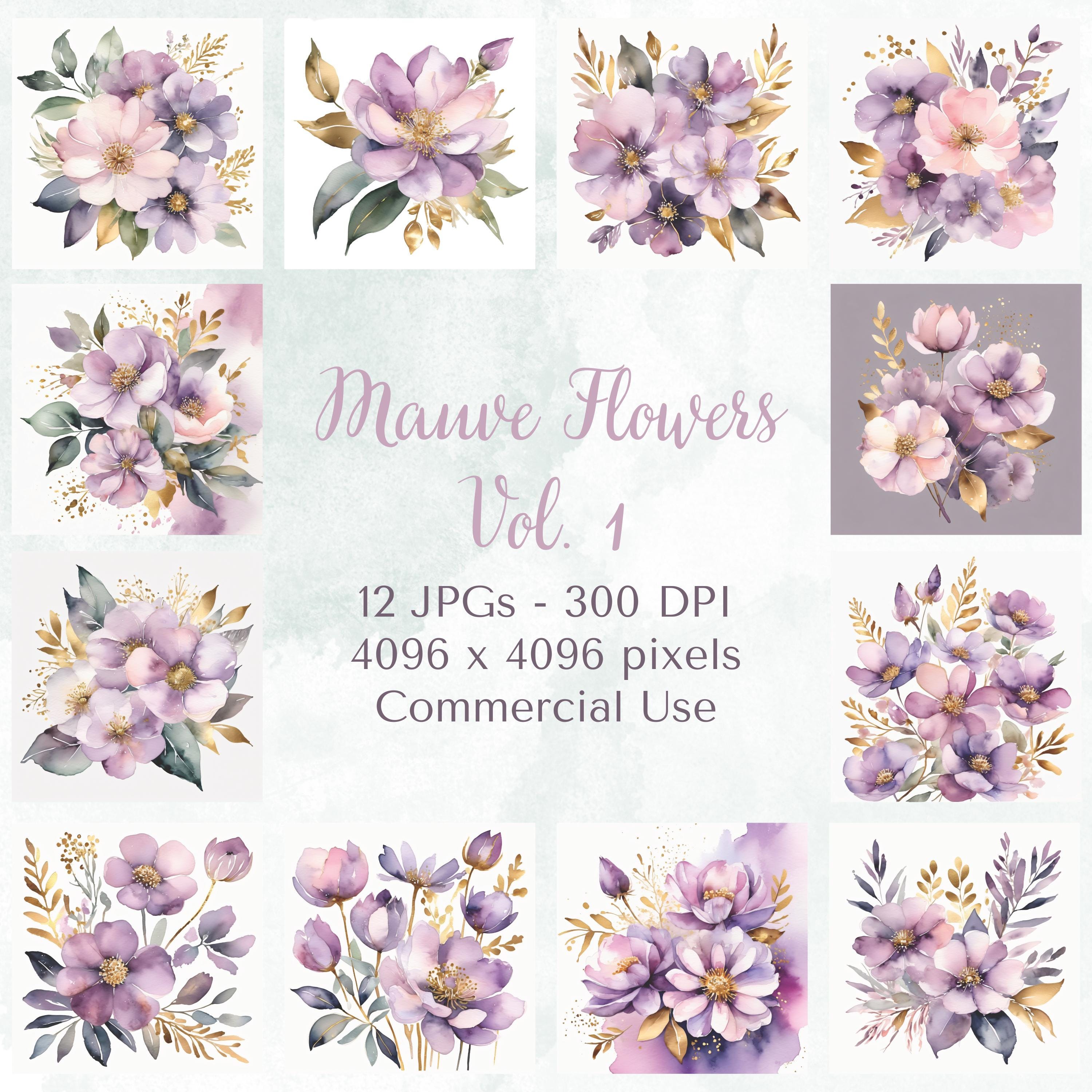 Mauve Flowers Vol. 1, 12 High-res Watercolor Jpgs, Floral Commercial ...