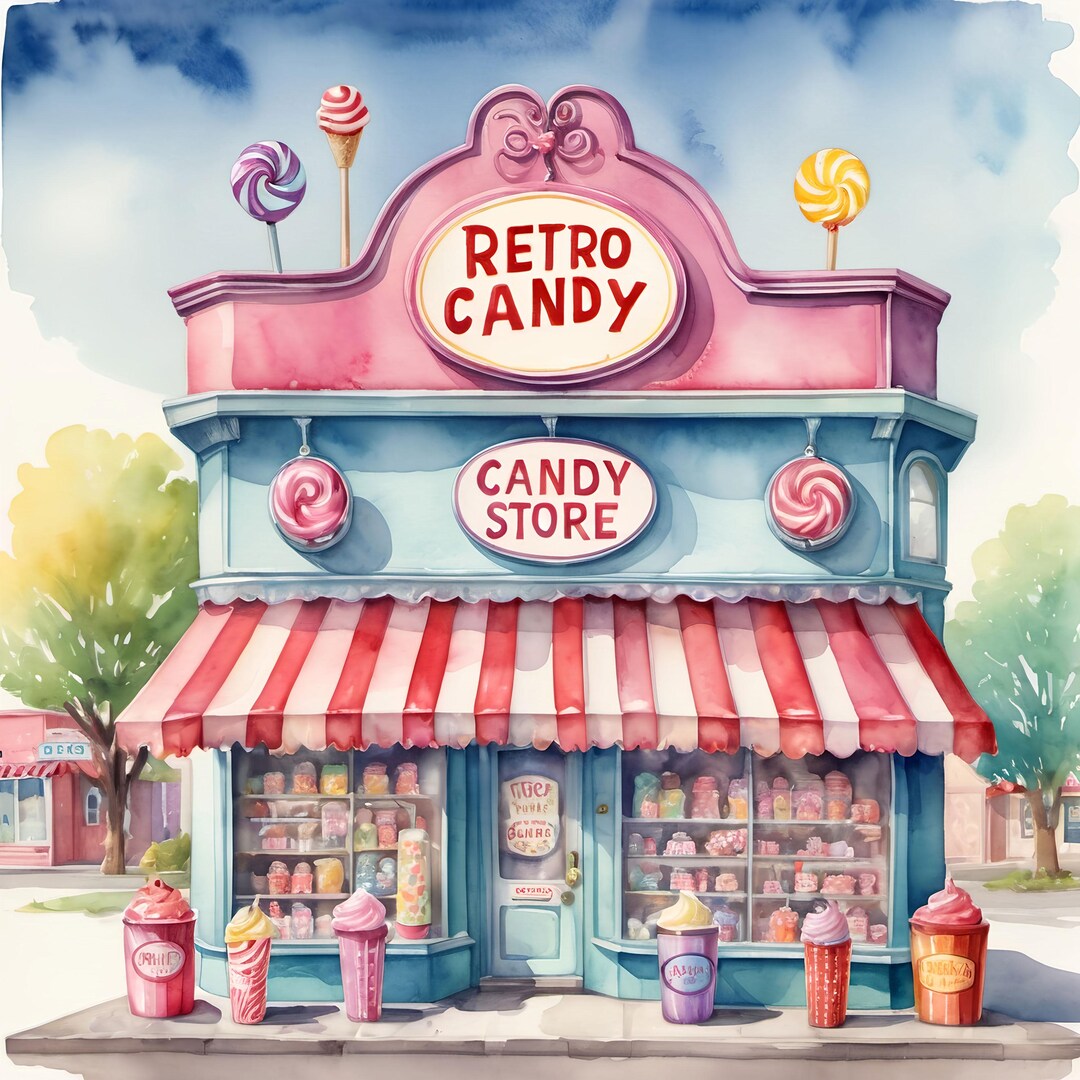 Retro Candy Store, 12 High-res Watercolor Jpgs, Commercial License ...