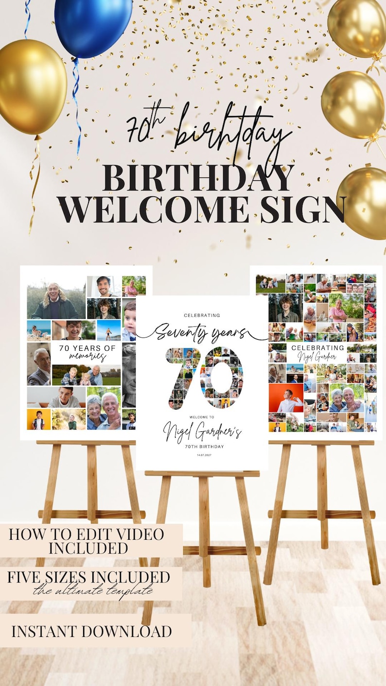 70th Birthday Welcome Sign Photo Collage Editable Canva Template ...