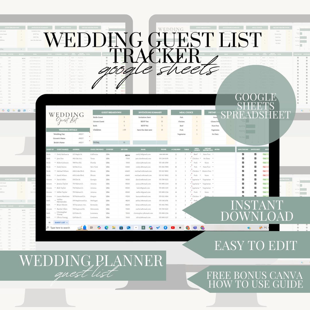 Wedding Guest List RSVP Tracker Google Sheet Template Digital Download ...