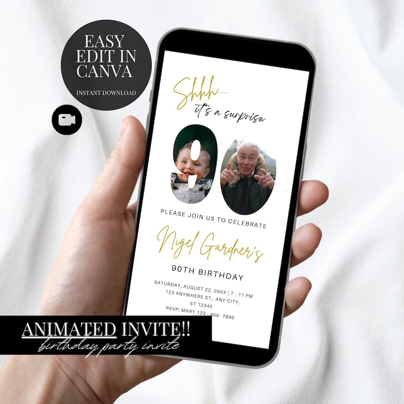 Surprise 90th Birthday Invitation Minimalist Photo Evite Digital ...