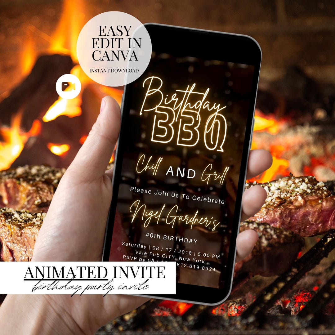 Animated BBQ Birthday Invitation Rustic Grill Party Evite DIY Template ...