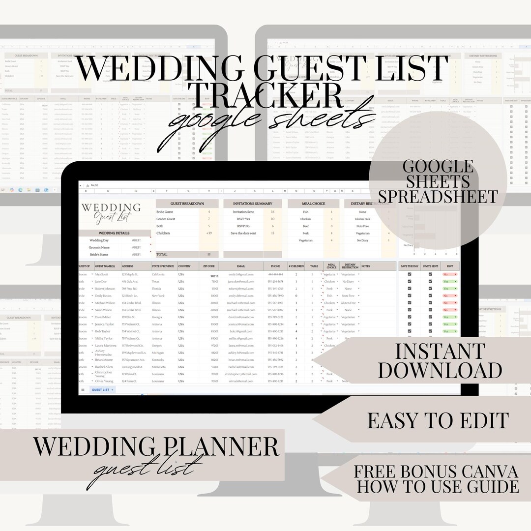 Google Spreadsheet Guest List Template Digital Wedding Event Planner ...