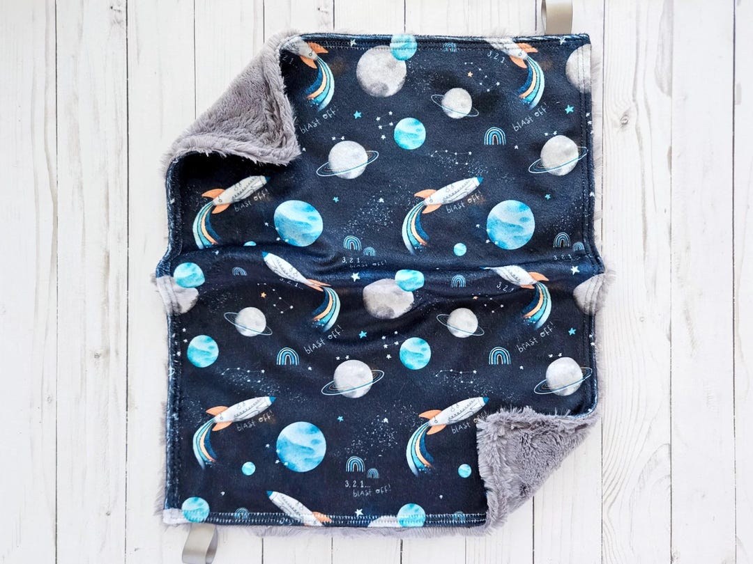 Planets Minky Lovey: Blue Space Rocket Baby Snuggle Blanket, Gray Back ...