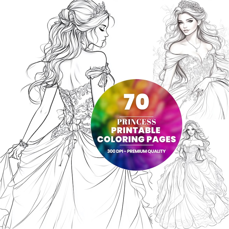 Kawaii Princess Coloring Pages for Kids: Printable Dark & Light ...
