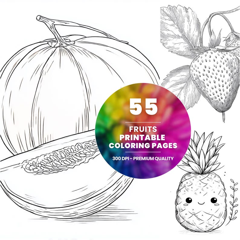 55 Fruits Coloring Pages, Realistic Fruit Art (PDF Pattern, Instant ...