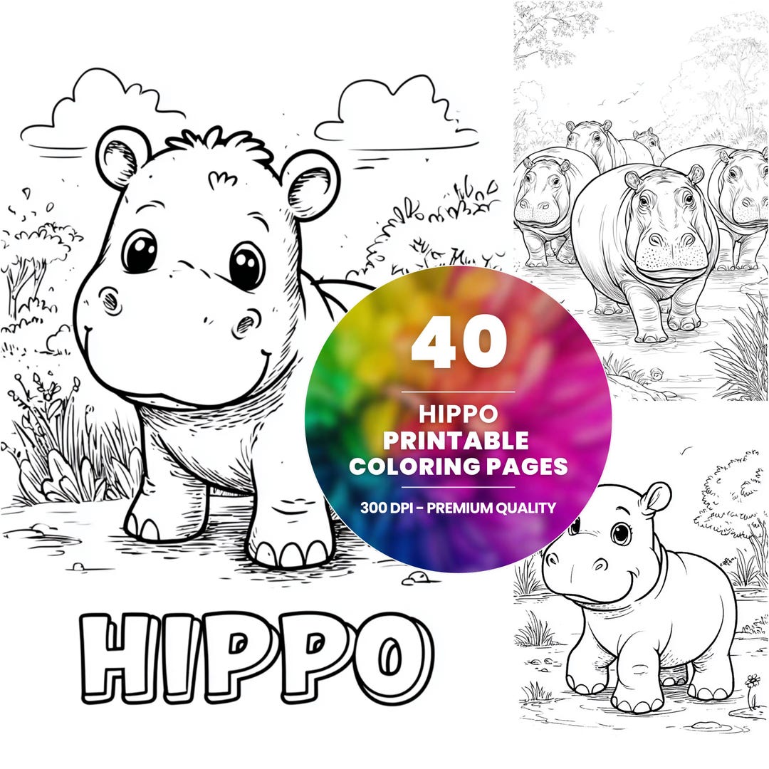40 Hippo Coloring Pages, Kids & Adult Line Art (instant Download - Etsy