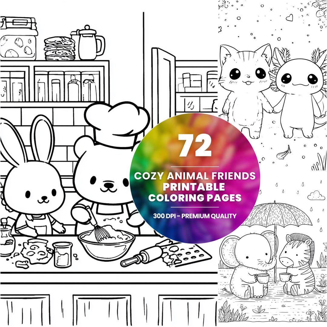 72 Cozy Animal Friends Coloring Pages, Line Art (PDF Download - Etsy