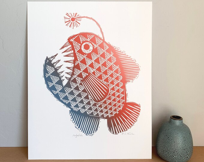 Fish Linocut Print, Anglerfish, Block Print Fish - Etsy