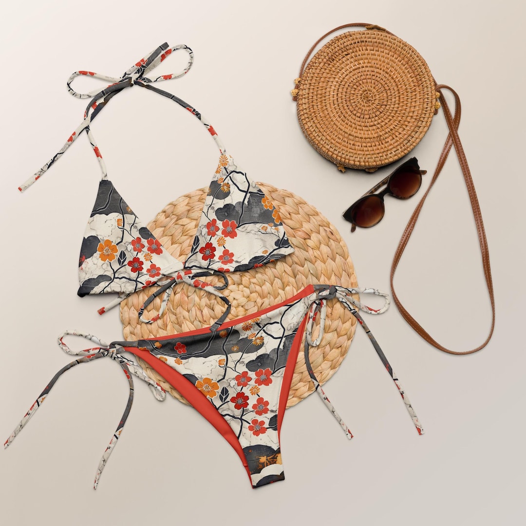 Women's Sakura Dream Bikini Japanese Floral Swimwear, Black and Red ...