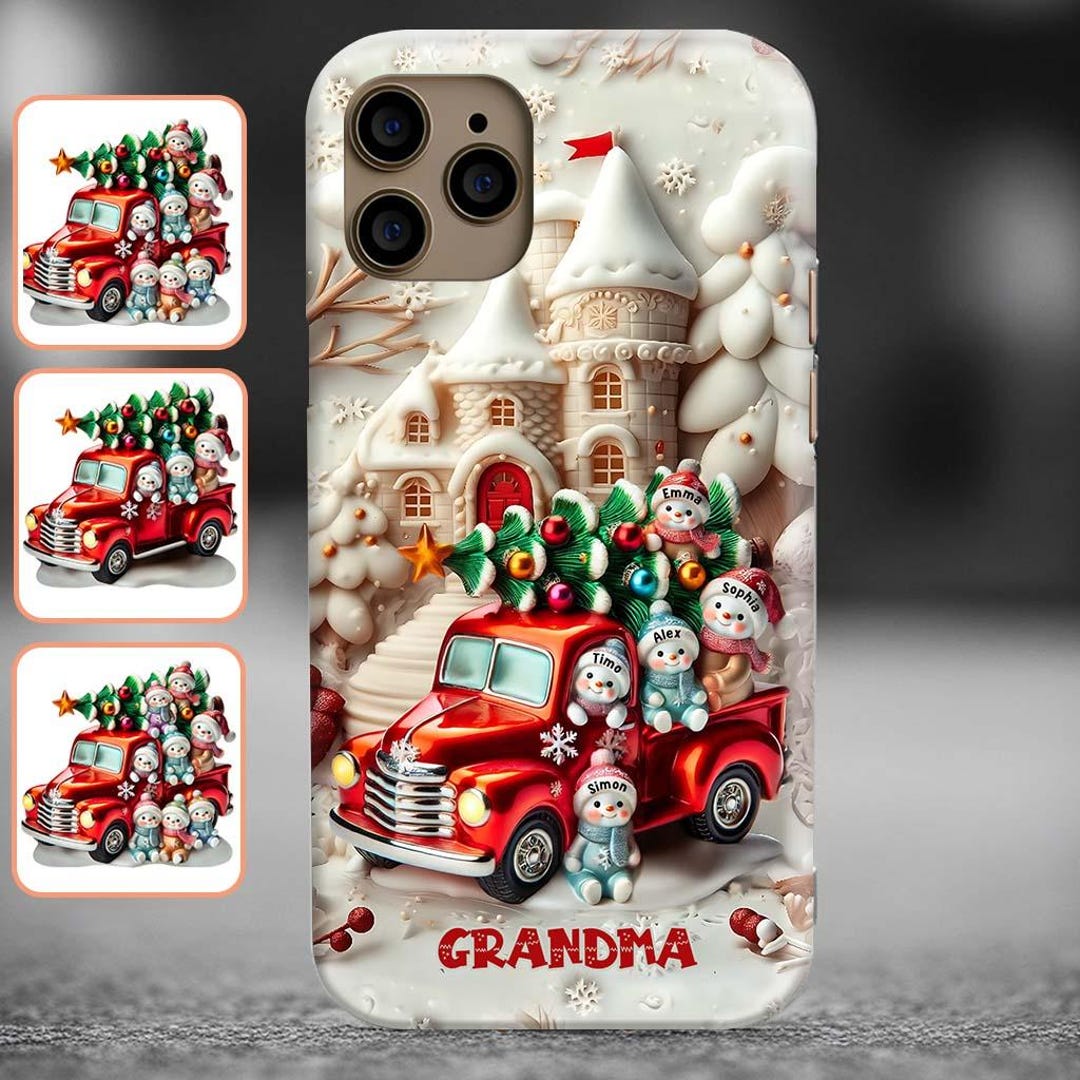 Nana's Little Snowman Personalized Grandma Full Print Phone Case, Christmas Red Van With Tree ...