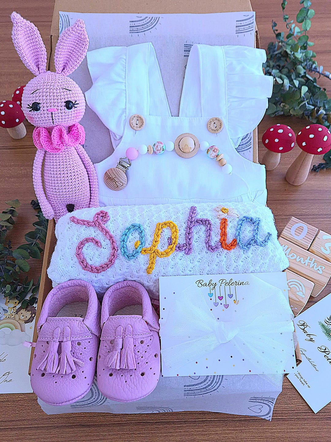 Organic Pink Baby Girl Gift Box: Personalized Blanket & Crochet Bunny ...