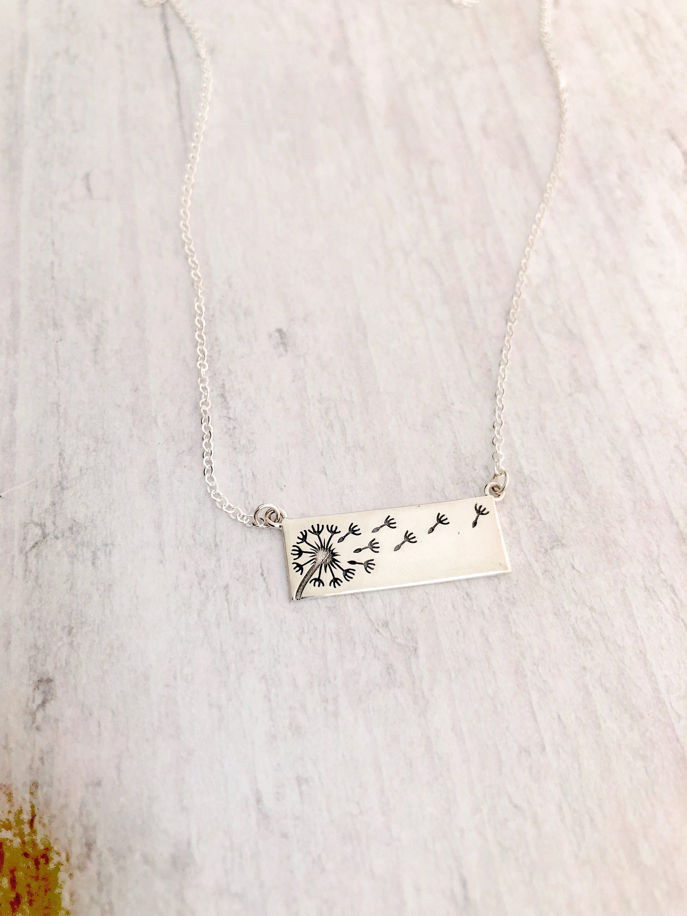 Gold Dandelion Necklace Rectangle Pendant With Fly Away Wishy | Etsy