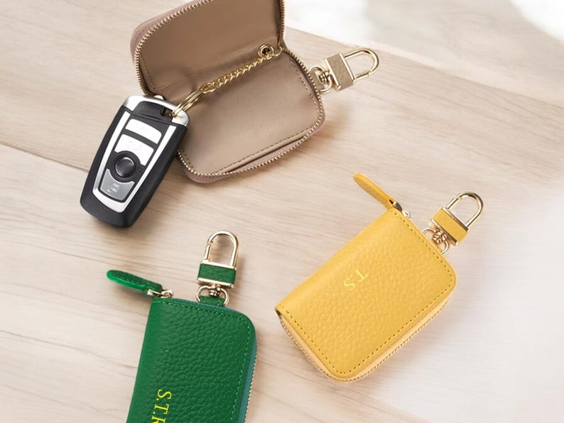 Custom Real Leather Key Wallet With Initials Compact Zipper Keychain ...