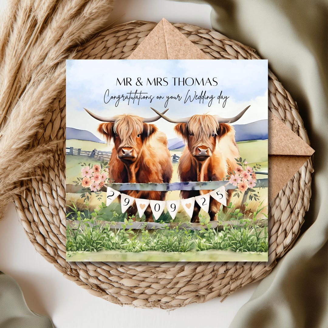 Personalised Wedding Card, Country, Countryside, Highland Cows, Farming ...