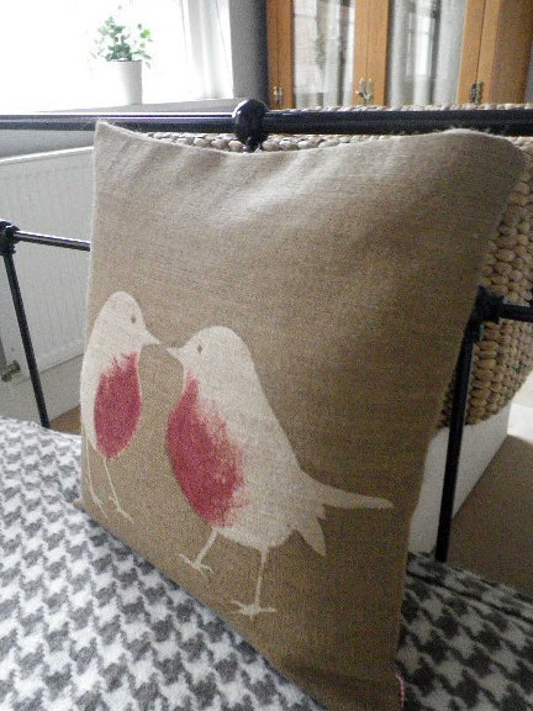 Hand Printed Brown Robin Cushion Cover - Etsy