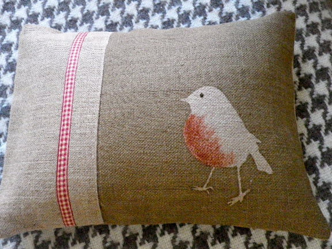 Hand Printed Brown Robin Cushion Cover - Etsy