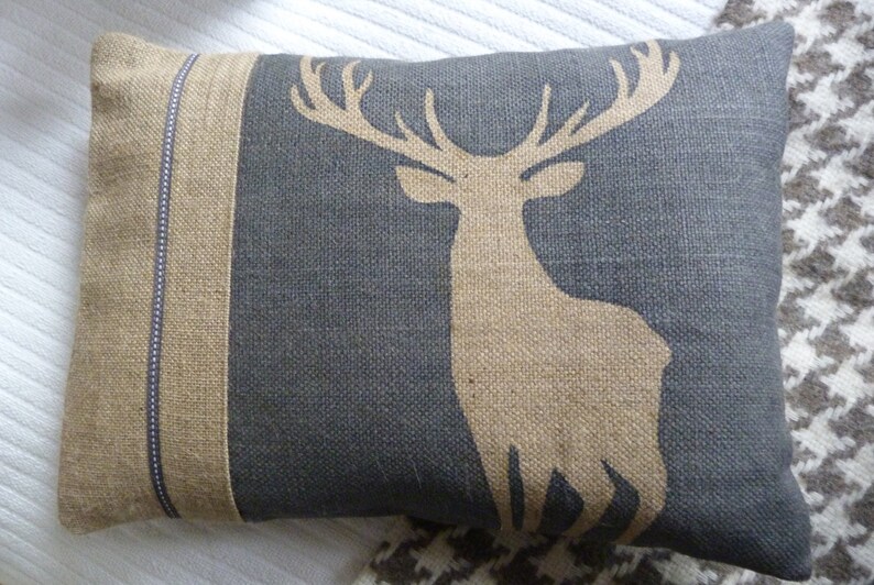 Hand printed deep muted blue stag cushion | Etsy
