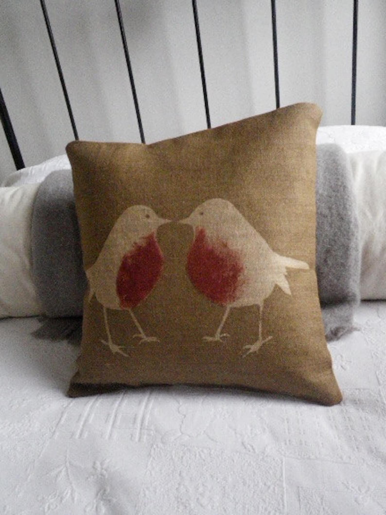 Hand Printed Brown Robin Cushion Cover | Etsy