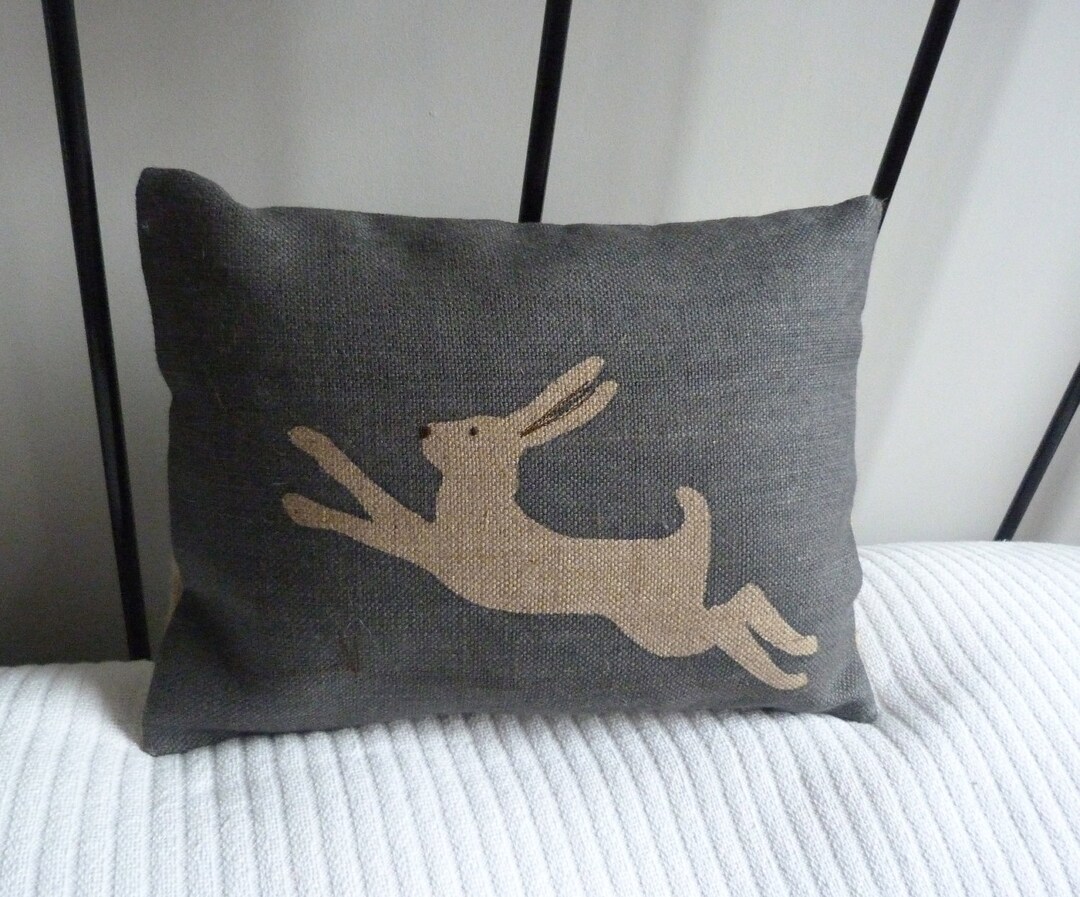 Hand Printed Muted Midnight Blue Little Leaping Logo Hare Cushion Cover ...