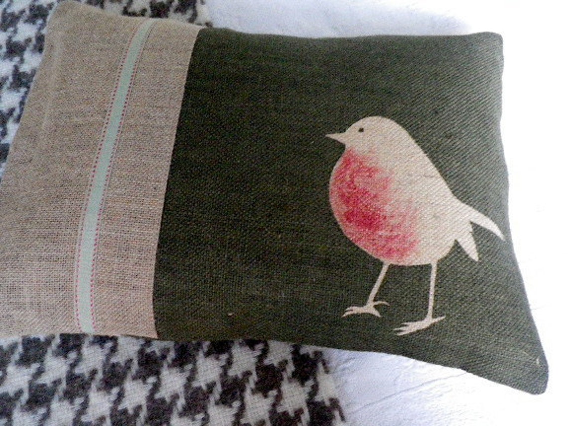 Hand Printed Rustic Olive Green Robin Cushion Cover - Etsy Australia