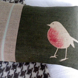 Hand Printed Rustic Olive Green Robin Cushion Cover - Etsy Australia