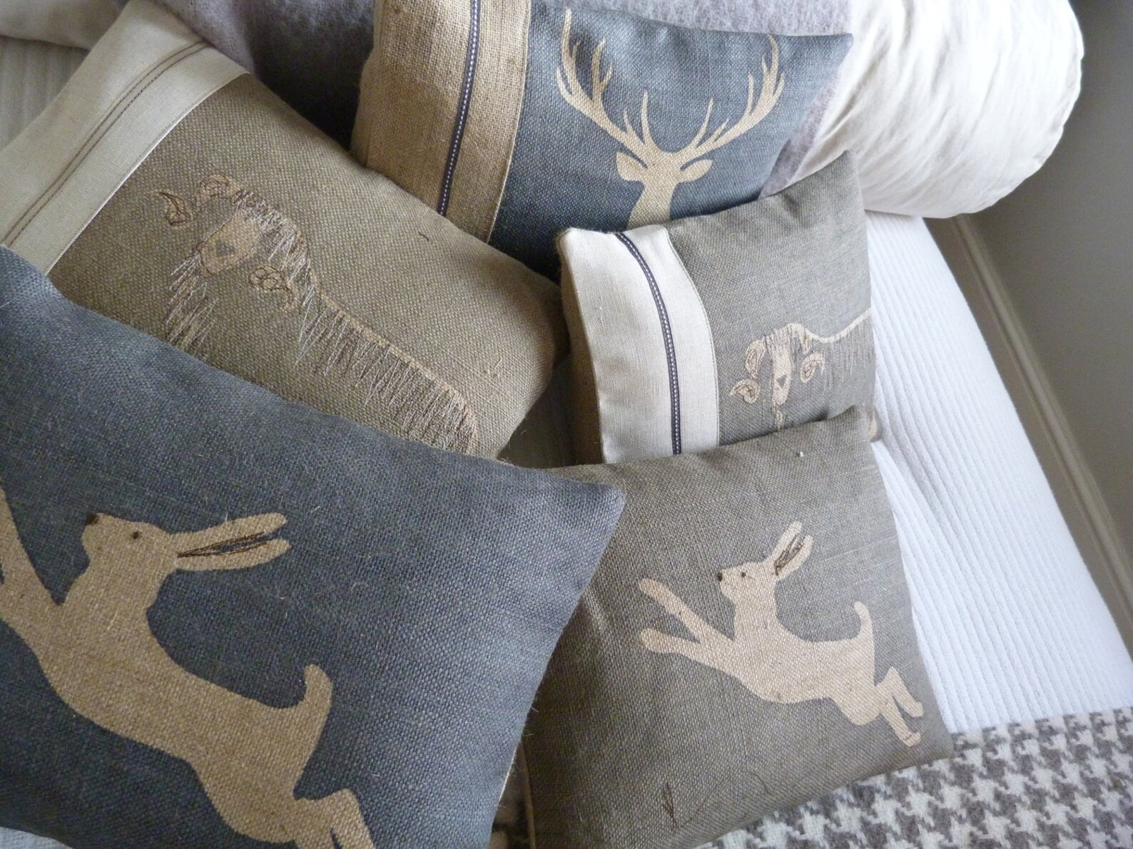 Hand Printed Muted Midnight Blue Little Leaping Logo Hare Cushion Cover ...