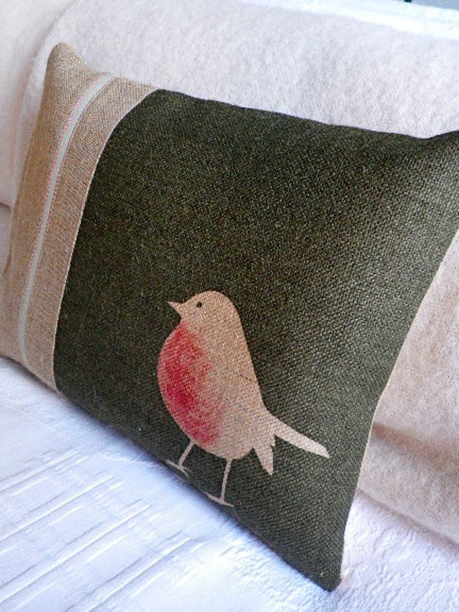 Hand Printed Rustic Olive Green Robin Cushion Cover - Etsy Australia